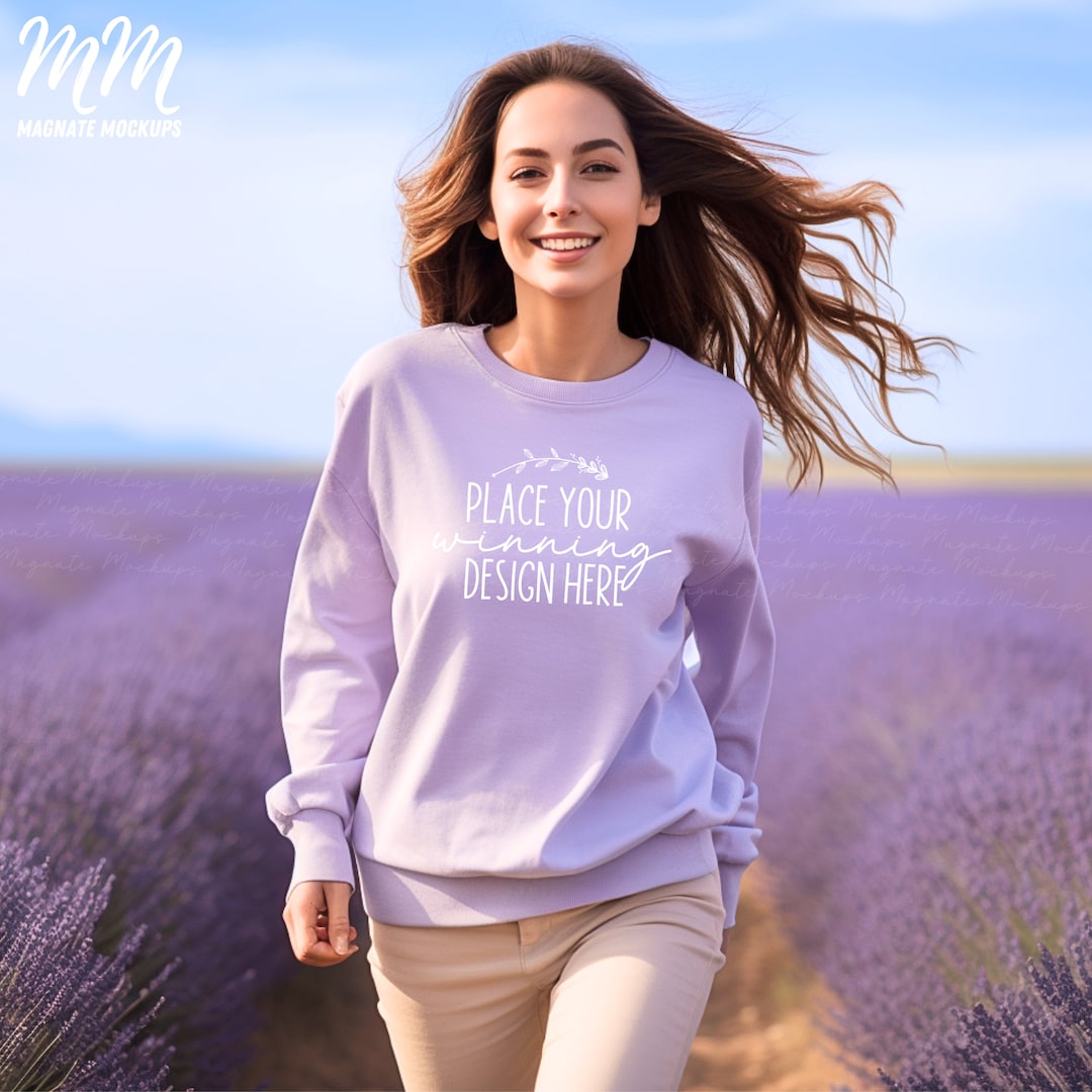 Orchid Gildan 18000 Sweater Mockup Female Sweatshirt Model Mockup Women ...