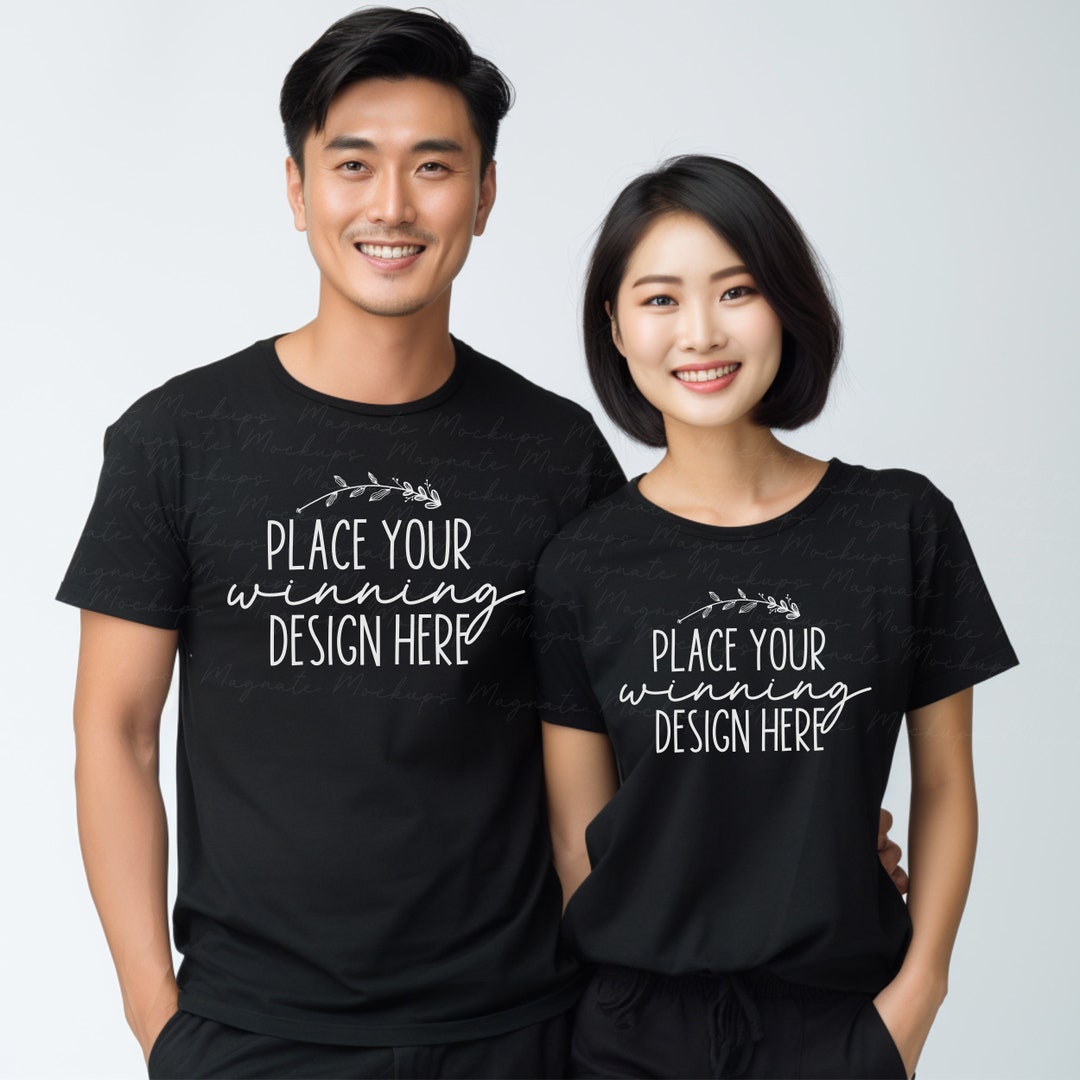 Black Gildan 5000 T-shirt Mockup: Asian Couple Model (AI JPEG Download ...