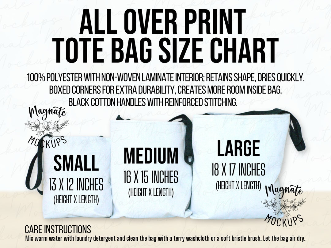 All Over Print Tote Bag Size Chart Aop Mockup Black Handle 3 Tote Bags Sizing Charts Minimalist ...