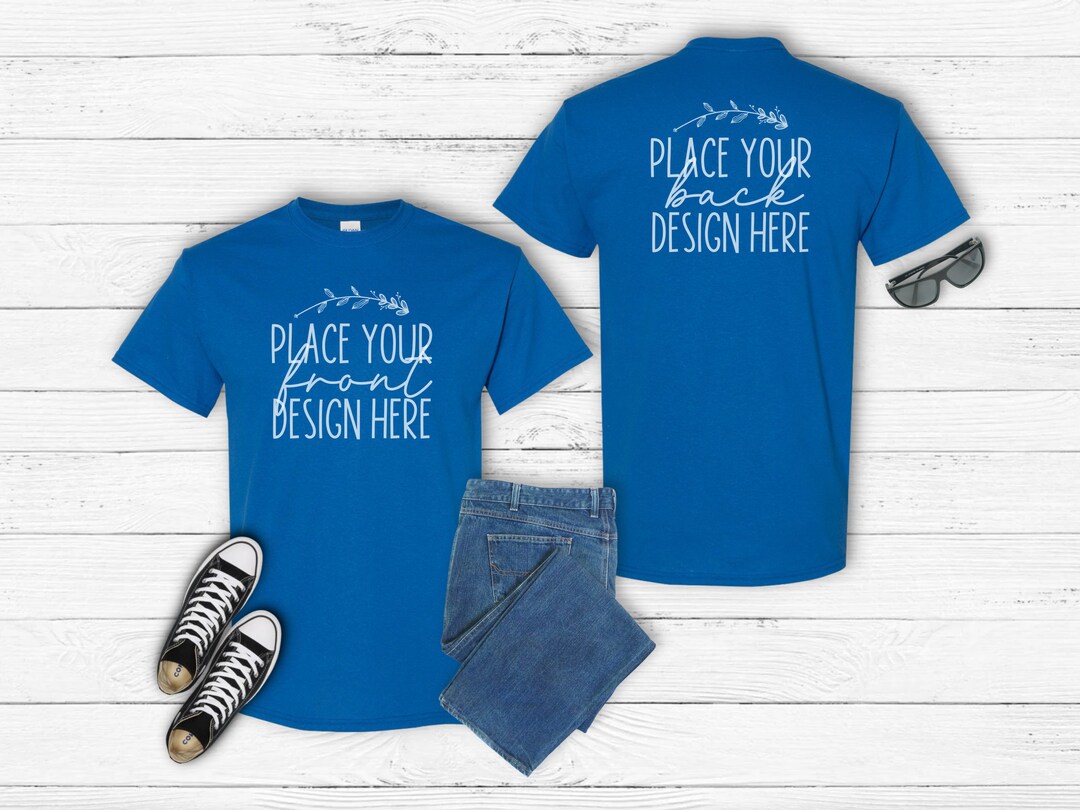 Neon Blue Gildan 5000 T-shirt Mockup: Front & Back Flat Lay (JPEG ...