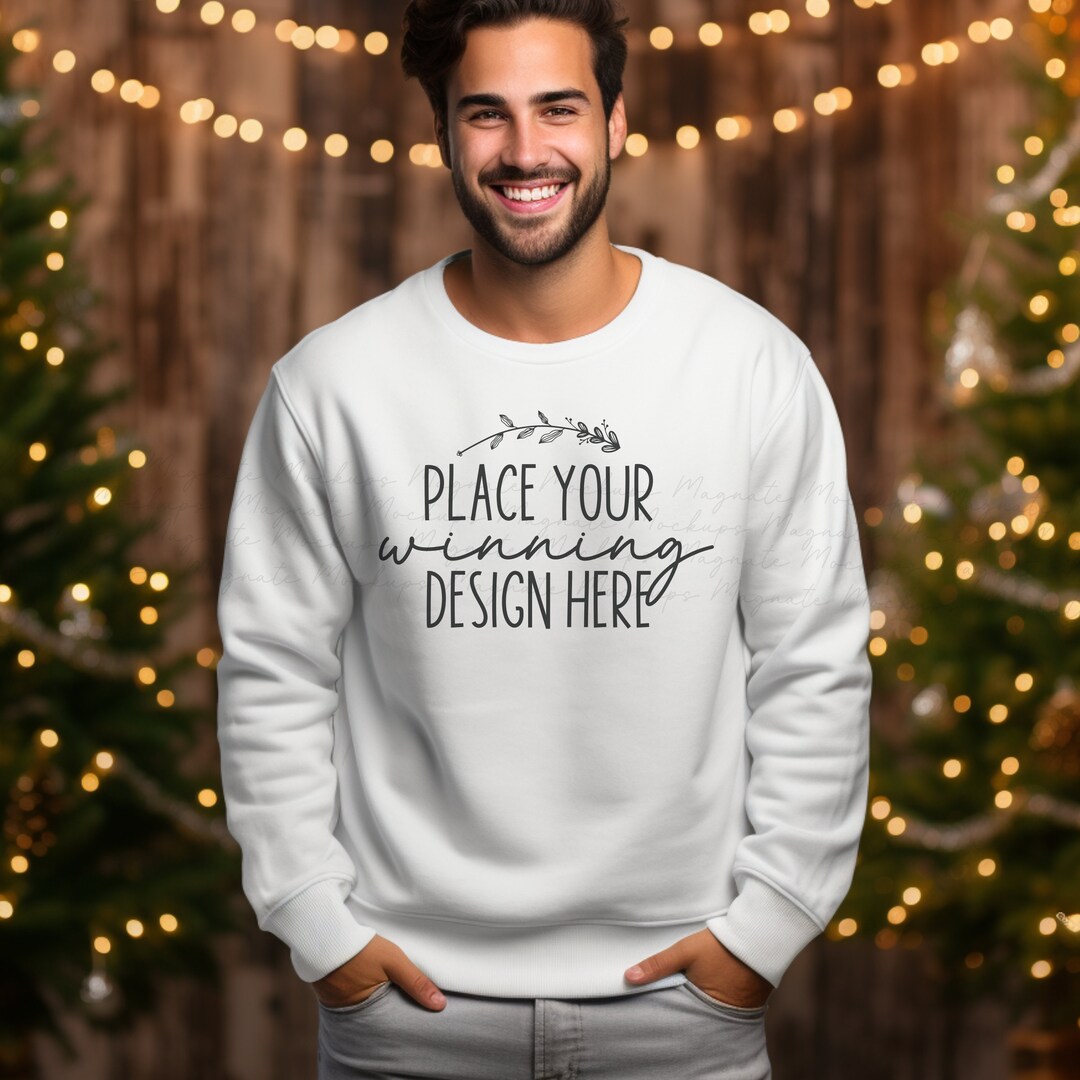 Gildan 18000 Men's White Sweatshirt Christmas Mock-up Xmas Sweater Male ...