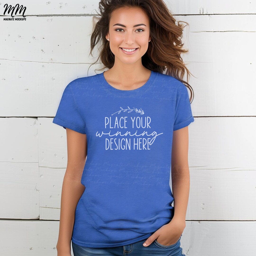 Heather Royal Bella Canvas 3001 T-shirt Mockup: Female Model (ai Jpg ...