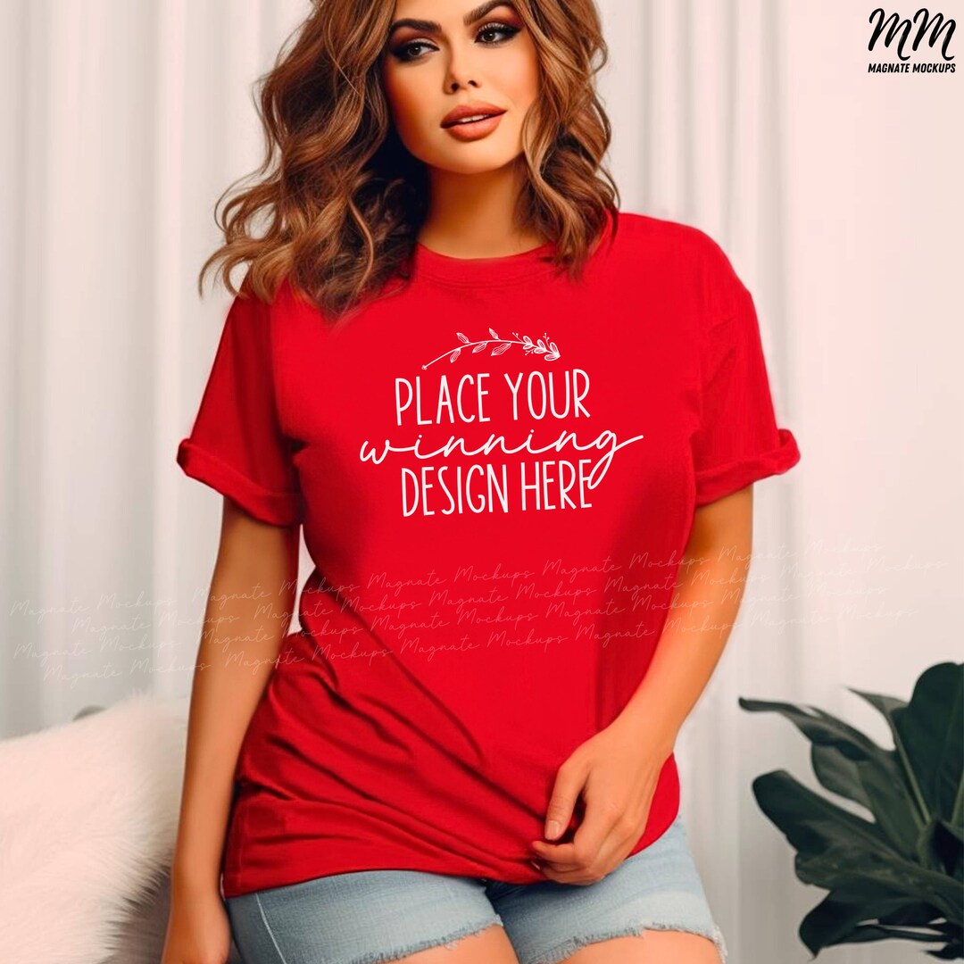 Red Comfort Colors 1717 Shirt Mockup: Female Model (ai Jpg Download) - Etsy