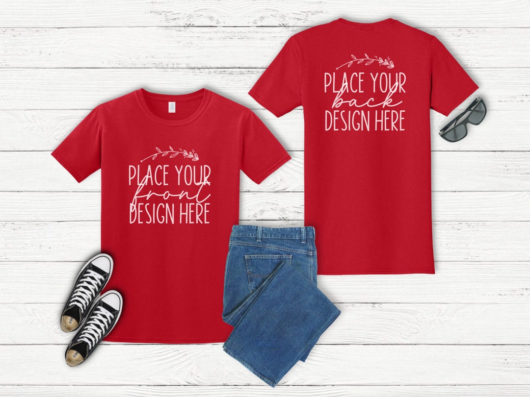 Gildan 64000 Front And Back Red Mockup Unisex T Shirt Gildan Softstyle