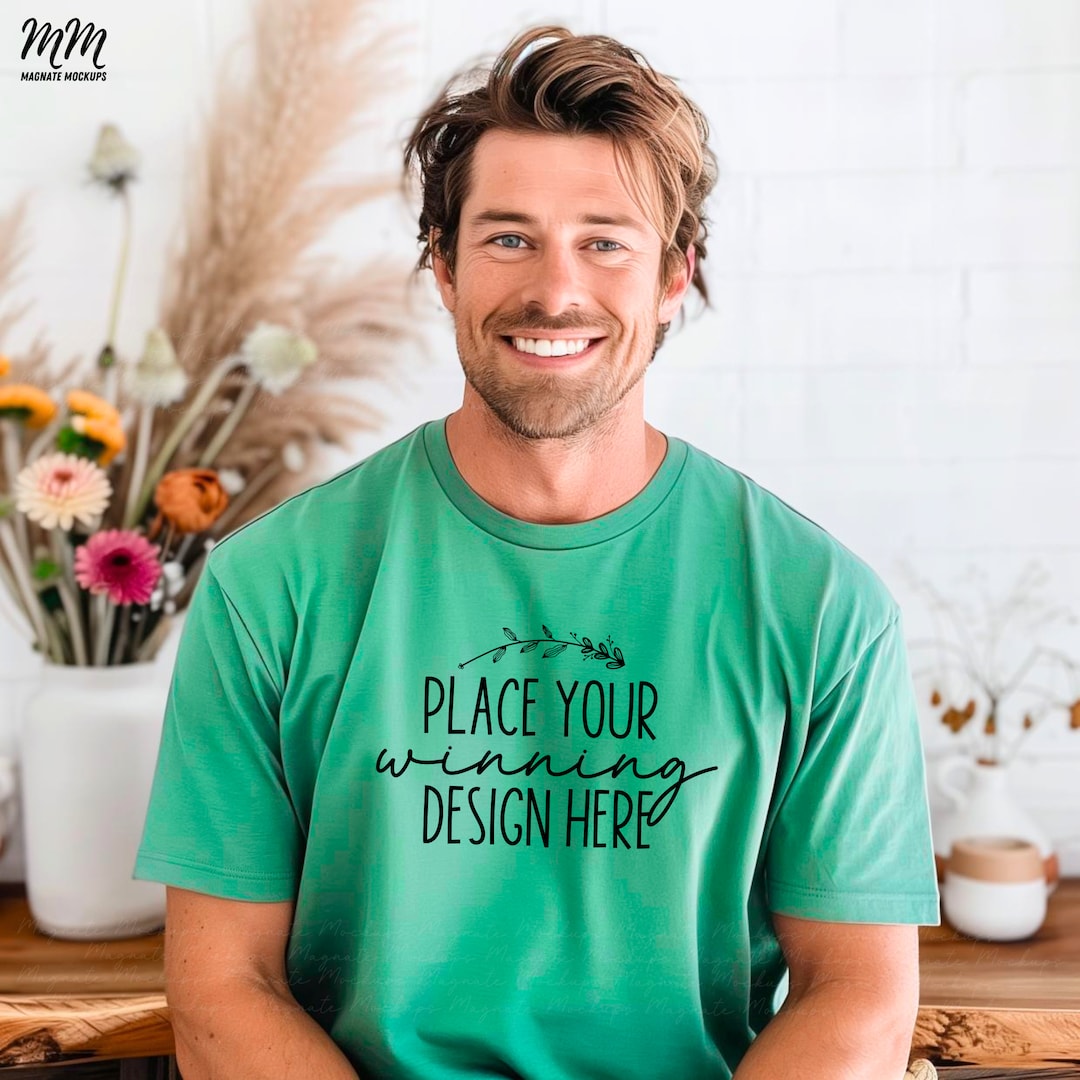 Heather Kelly Green Bella Canvas 3001 Shirt Mockup: Male Model (AI Jpg ...