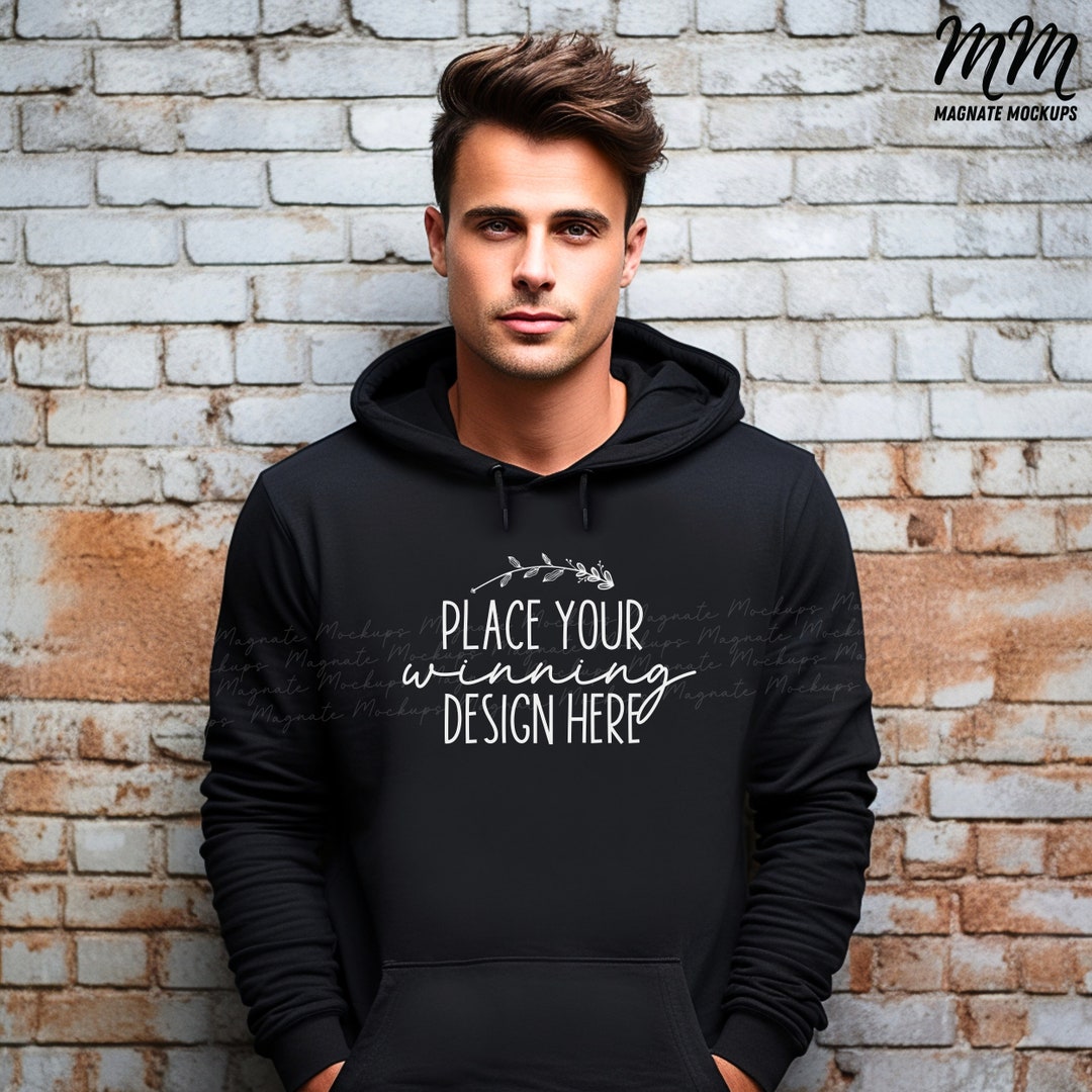 Mens Black Hoodie Mockup Male Model Gildan 18500 Mock up Men's Hoodies ...