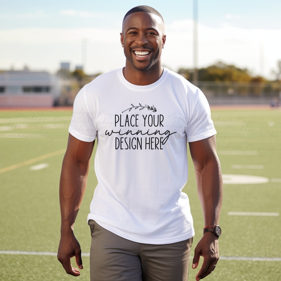 White T-shirt Football Mockup Mens Gildan 5000 Male Model Shirt Mockups ...