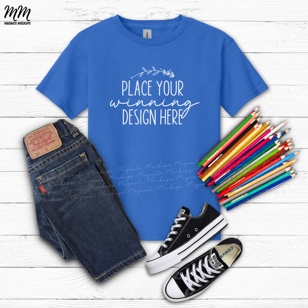 Neon Blue Gildan 5000b Kids Shirt Mockup: Flat Lay (jpg Download) - Etsy