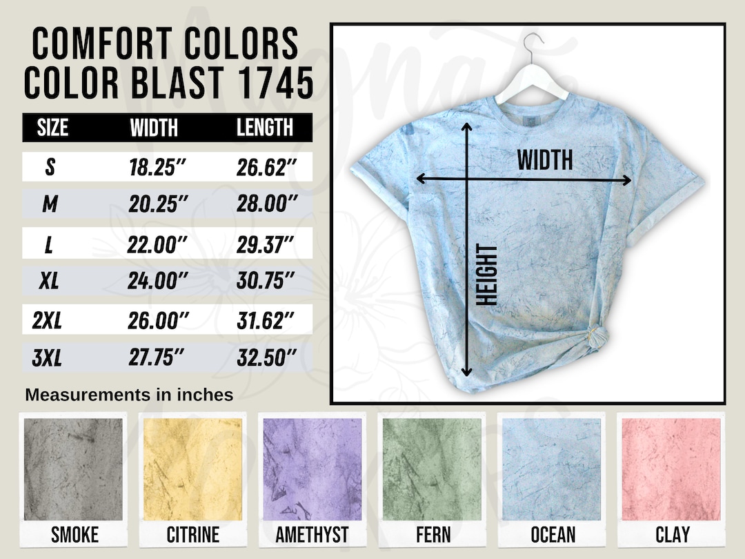 Comfort Colors 1745 T-shirt Sizing and Color Chart Mockup Flat Lay CC 1745 Color Blast Unisex ...