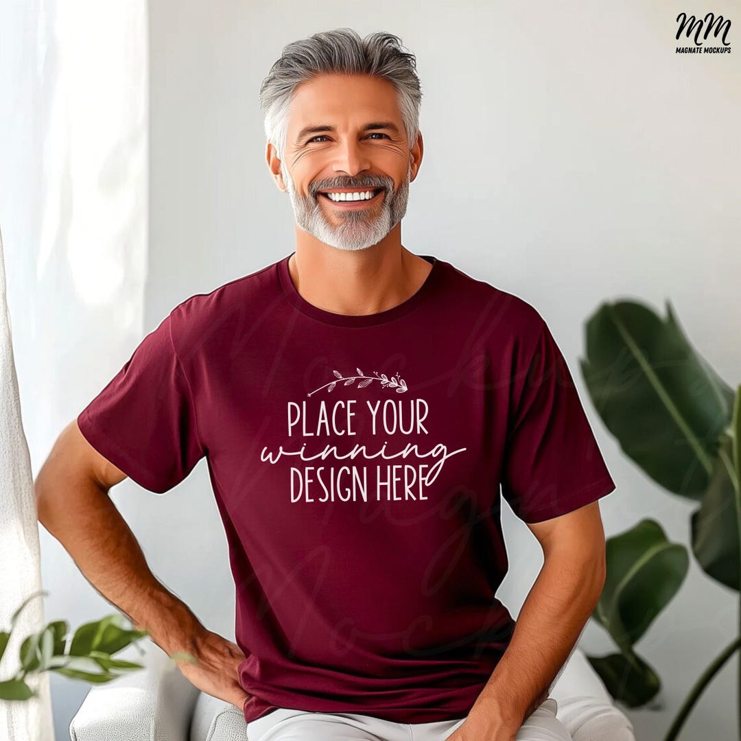 Maroon Bella Canvas 3001 T-shirt Mockup: Mature Male Model (ai JPG ...