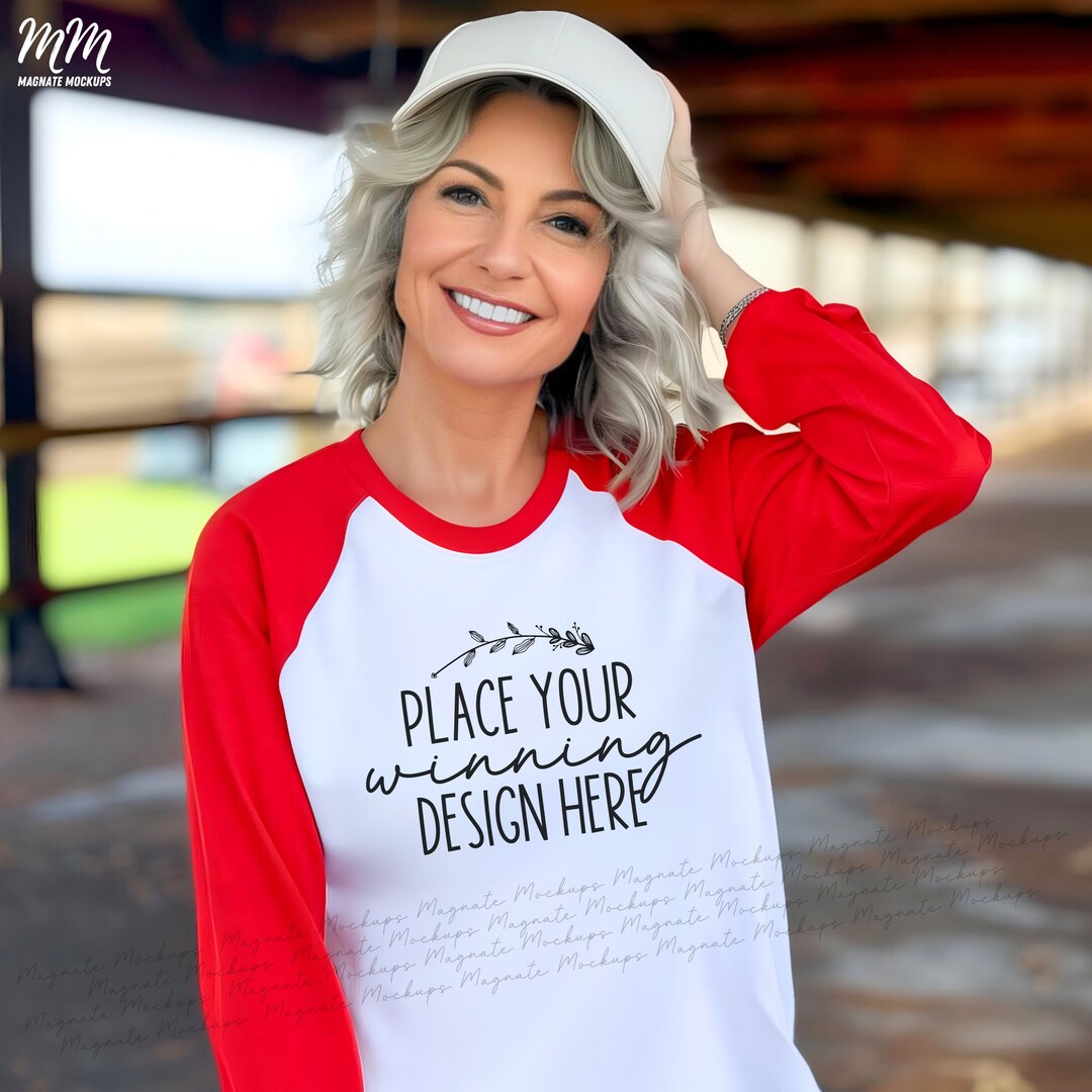 Red & White 3200 Raglan Shirt Mockup Bella Canvas Older Female Baseball ...
