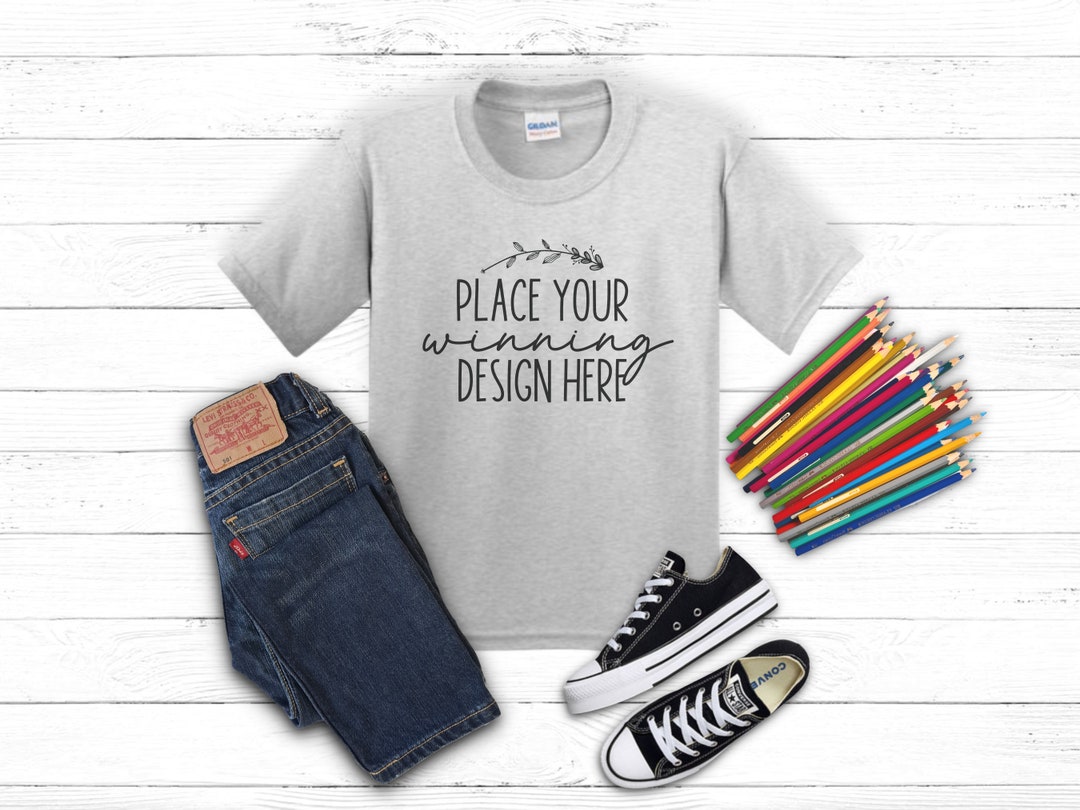 Ash Kids Shirt Mockup Gildan 5000b Ash Flat Lay Gildan Kids T-shirt ...