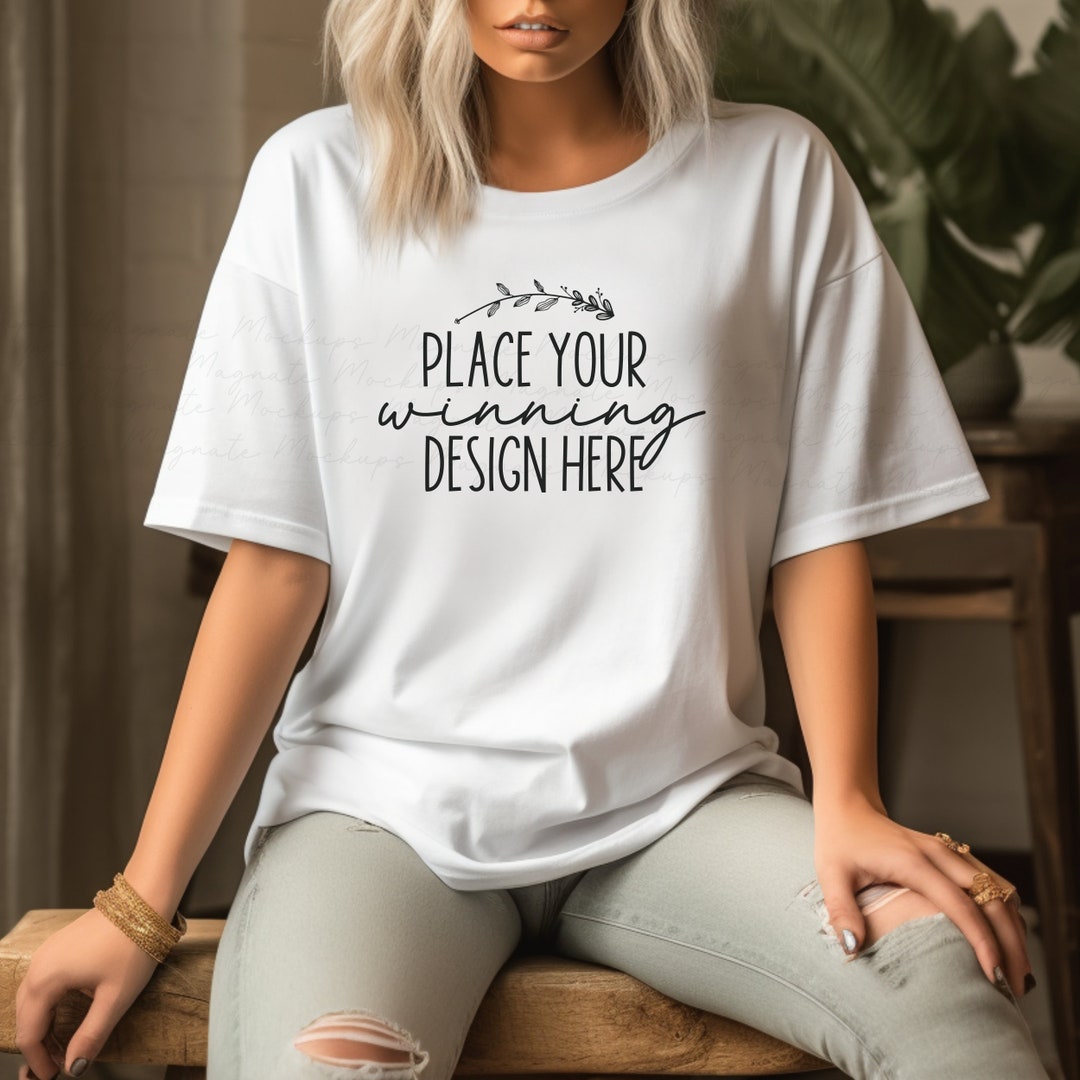 White Gildan 64000 Mock-up Female Model Oversized Tee Tshirt Mockups ...