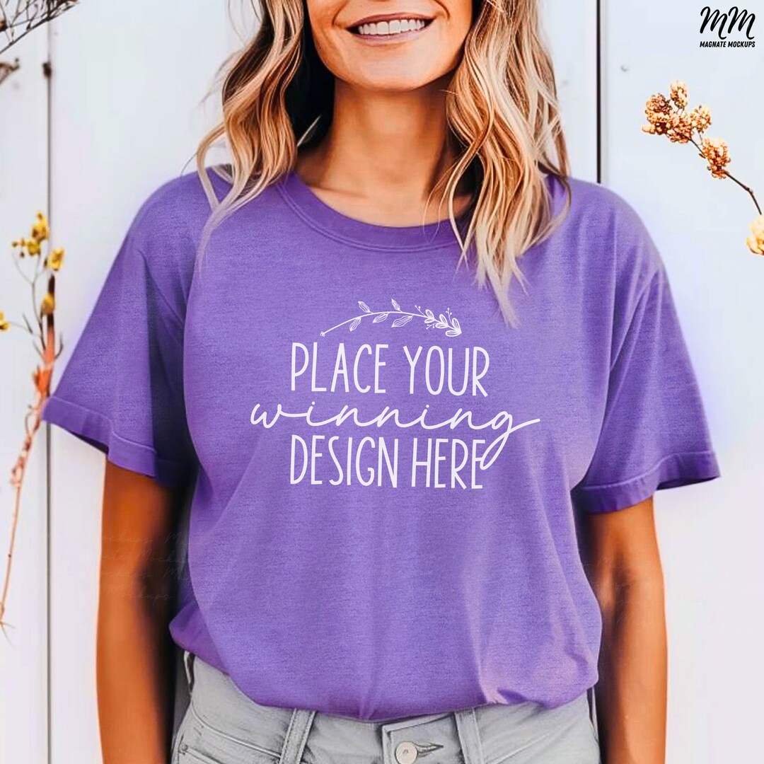 Heather Team Purple Bella Canvas 3001 Shirt Mockup: Female Model (AI ...