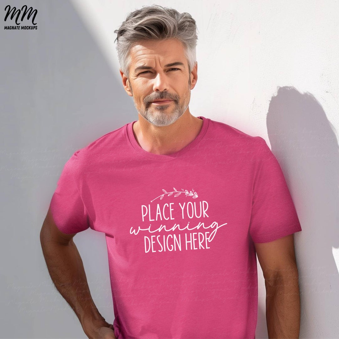 Heather Raspberry 3001 Shirt Mock up Older Male Bella Canvas T-shirt ...