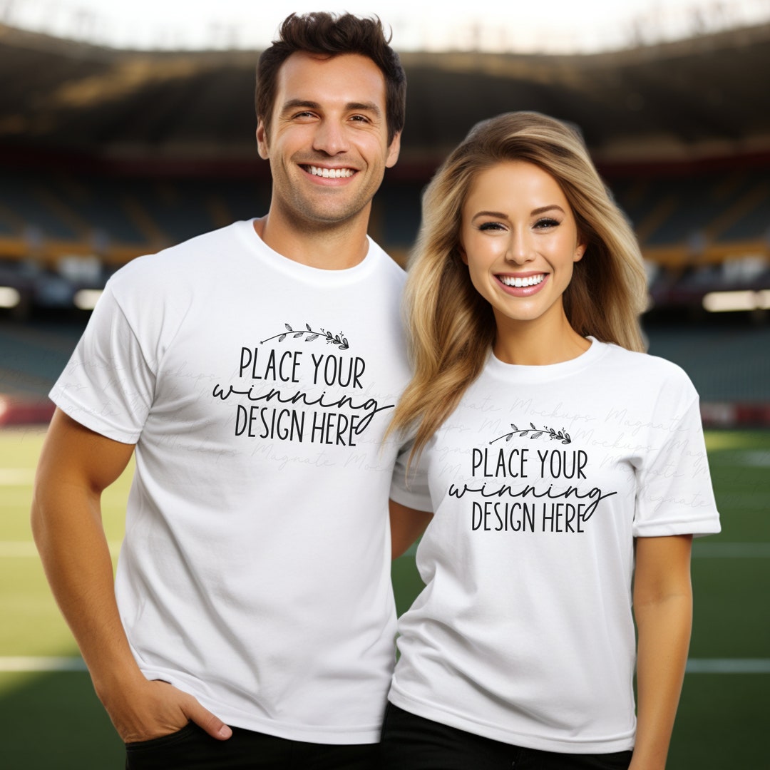 White Gildan 5000 Shirt Mockup Football Couple Tees Man Woman Shirt ...