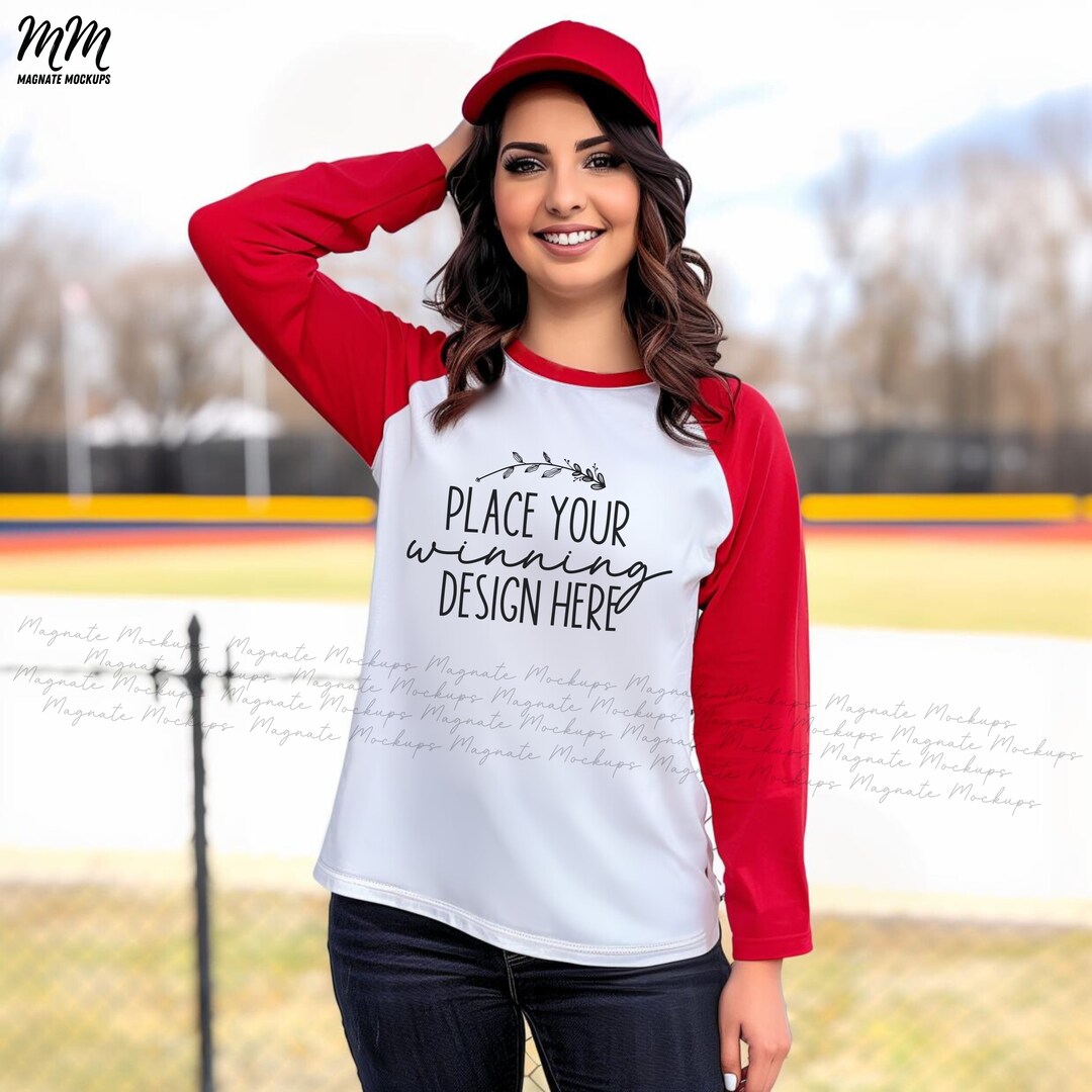Female Raglan Red & White Shirt Mockup Bella Canvas 3200 Baseball ...