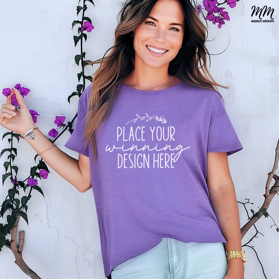 Heather Team Purple Bella Canvas 3001 Shirt Mockup: Female Model (AI ...