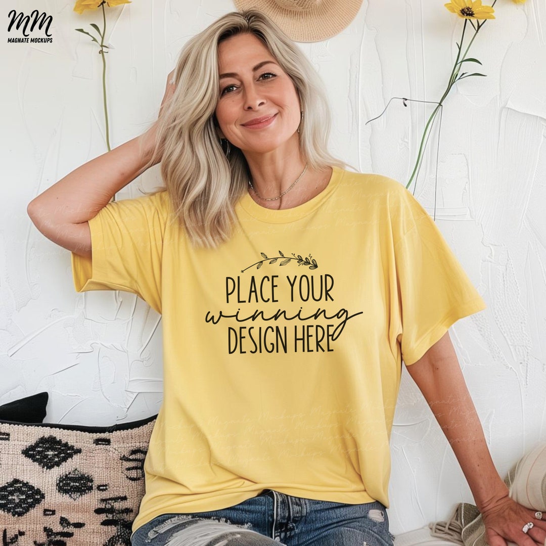 Mustard Comfort Colors 1717 Shirt Mockup: Mature Female Model (AI Jpg ...