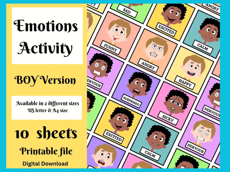 Emotions Activity for Kids Boy Version Printable Toddler Feeling Chart ...