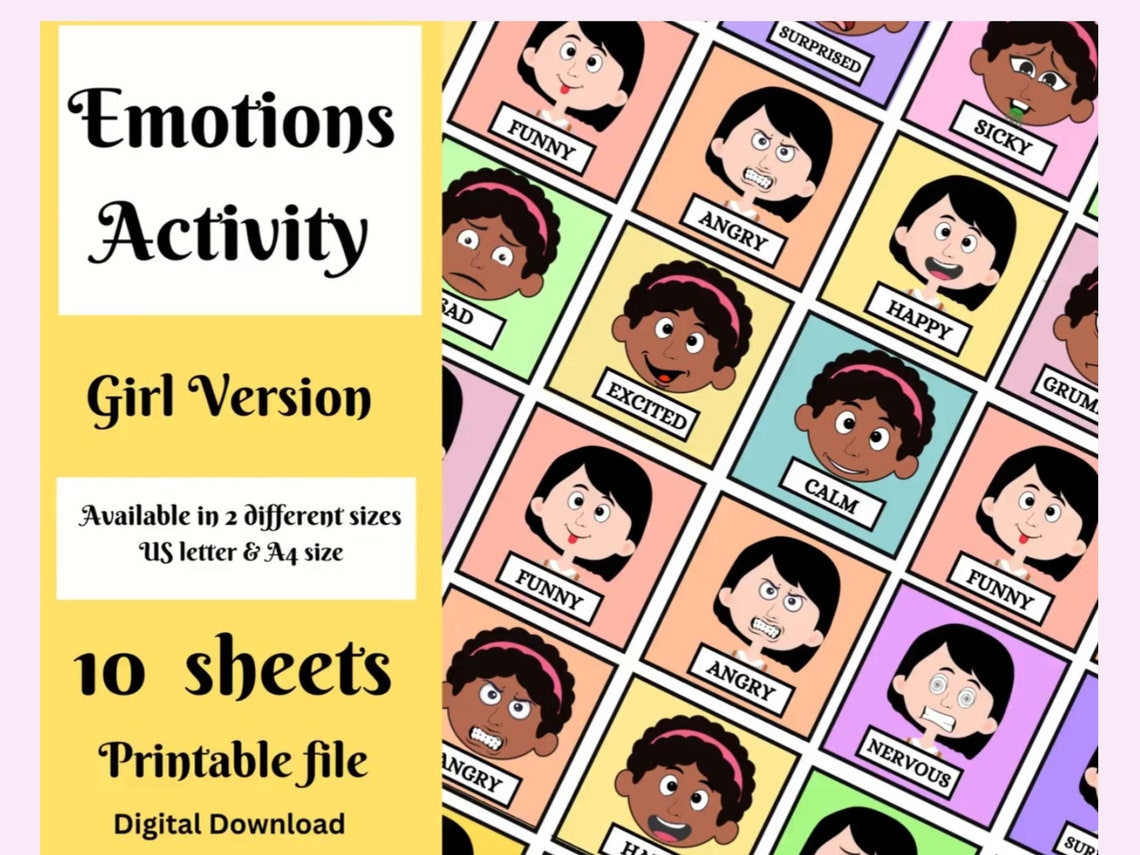 Emotions Activity for Kids Girl Version Printable Toddler Feeling Chart ...