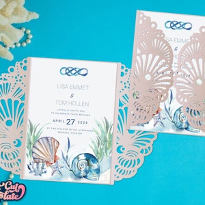 Sea Shell Wedding Invitation SVG Cut Template, Beach Wedding Gate Fold Card 5x7, Marine Party ...
