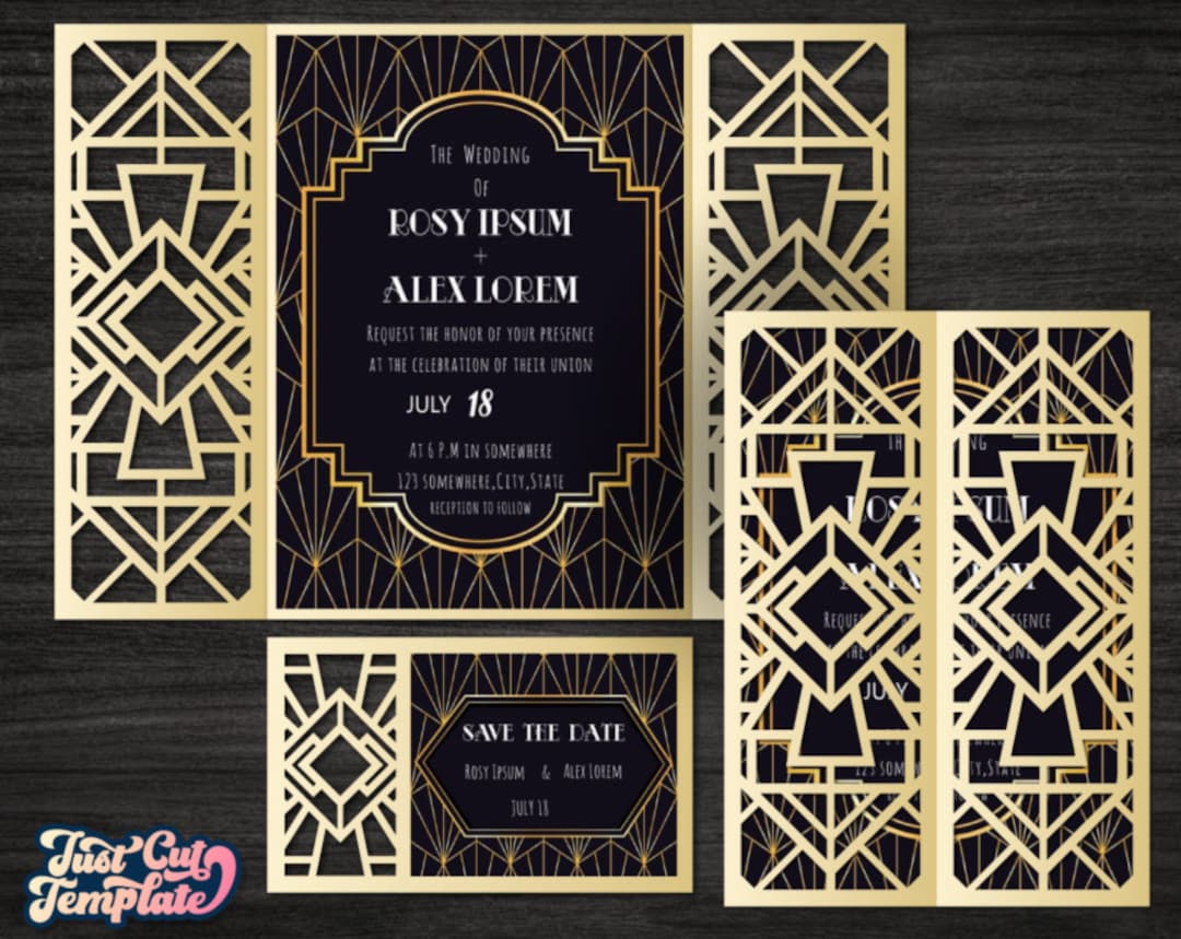 Wedding Gate Fold Invitation Art Deco Set SVG, RSVP Card, 20s Great ...