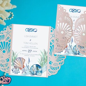 Set 6 Seashell Invitation SVG, Oceanic Beach Wedding, Trifold Envelope, Gate Card, Place Card ...