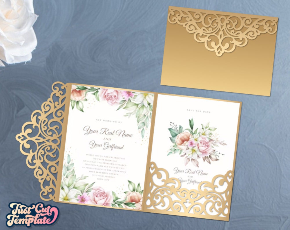 Sobre de bolsillo tríptico SVG 5x7, plantilla de invitación de boda ...