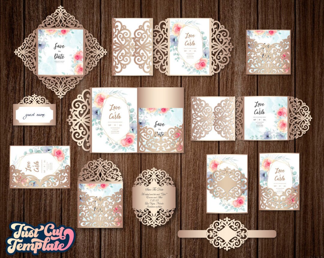 Set Wedding Invitation SVG Templates Cricut Cameo, Trifold Envelope SVG ...