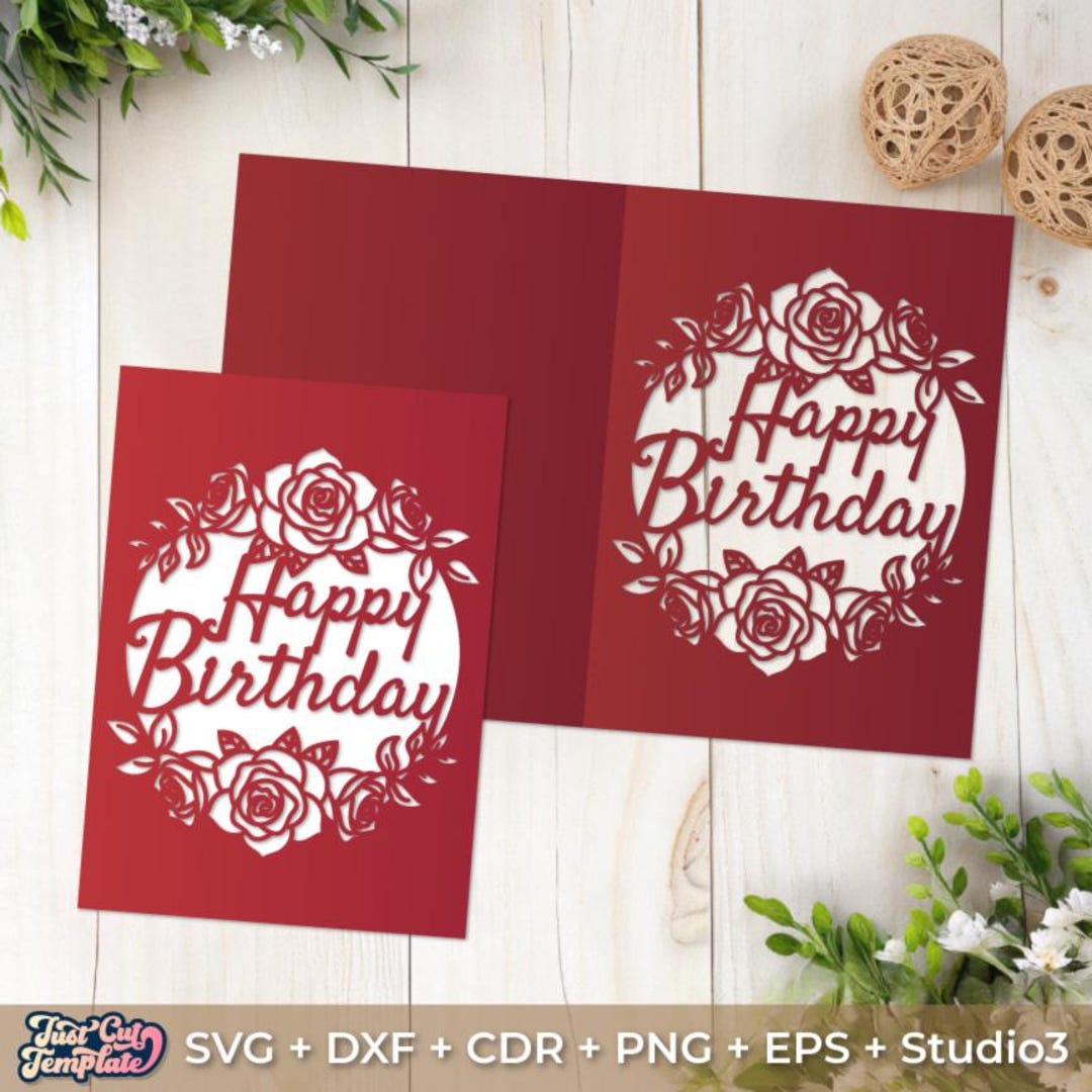 Happy Birthday Card SVG Template 5x7, Floral Birthday Card Cut File for ...