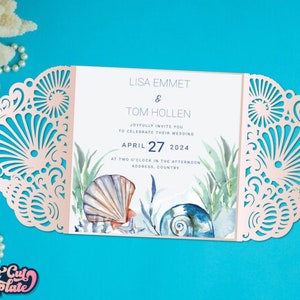 Set 6 Seashell Invitation SVG, Oceanic Beach Wedding, Trifold Envelope, Gate Card, Place Card ...