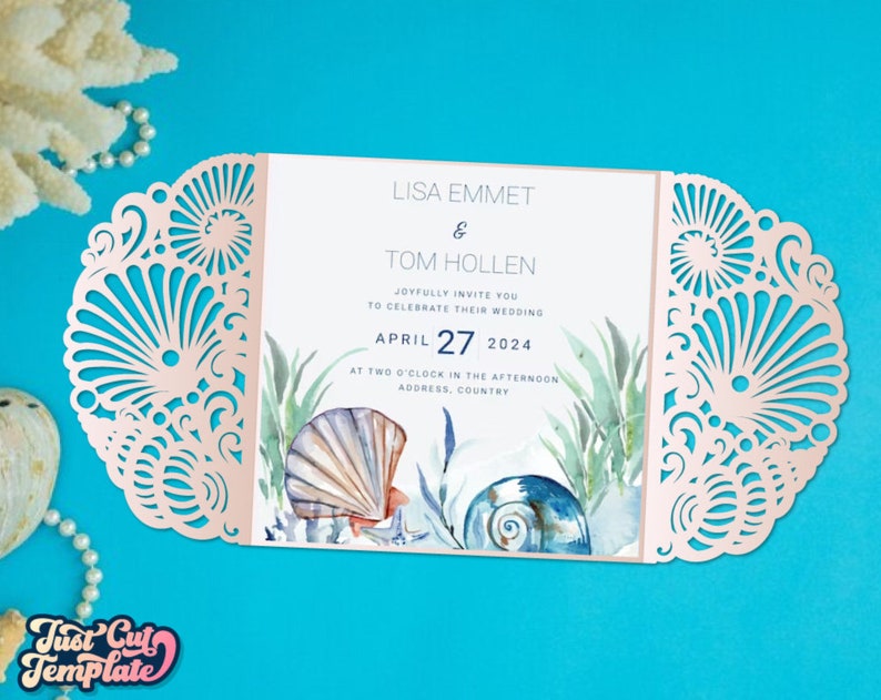 Set 6 Seashell Invitation SVG, Oceanic Beach Wedding, Trifold Envelope ...