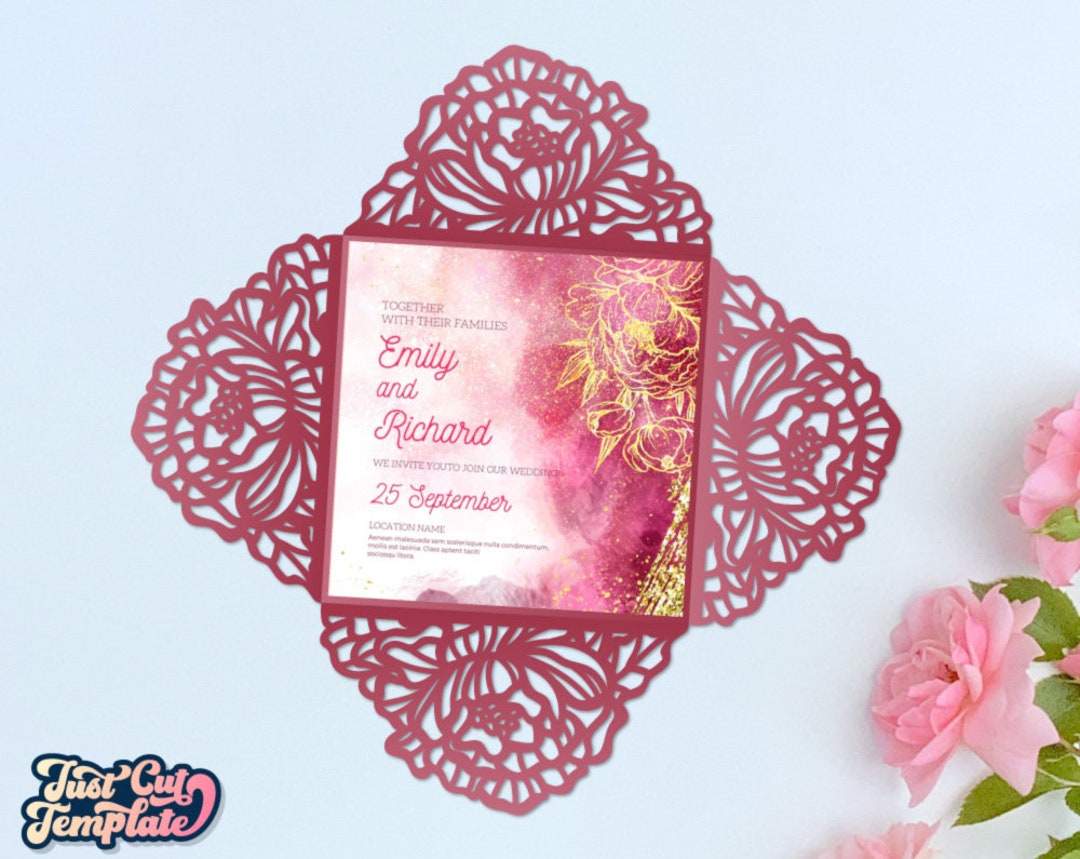 Peony Wedding Invitation SVG, Four-fold Square Envelope, Square Four ...