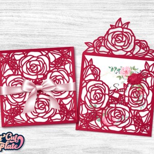 Wedding Invitation SVG Roses, Four Fold Invitation Card Template Cricut ...