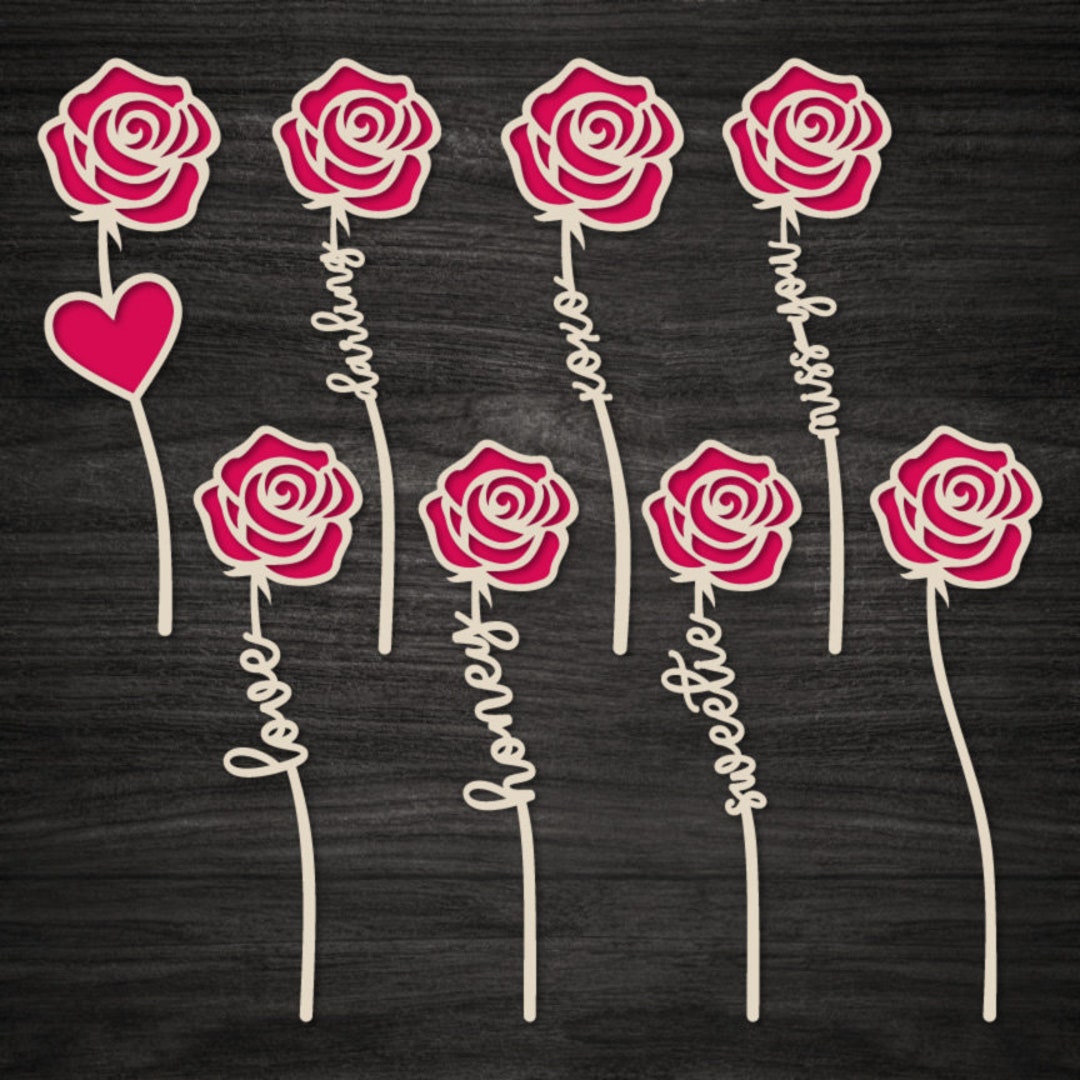 Layered Rose SVG Laser Cut, 8 Roses With Heart and Words, Wooden Rose ...