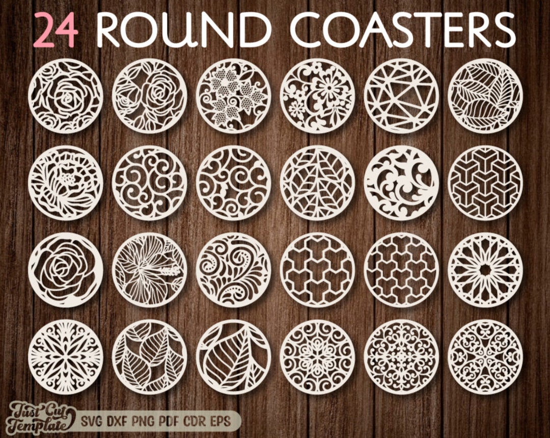 Coaster Set Laser Cut Templates, 24 Round Coaster SVG Bundle, Laser Cut ...
