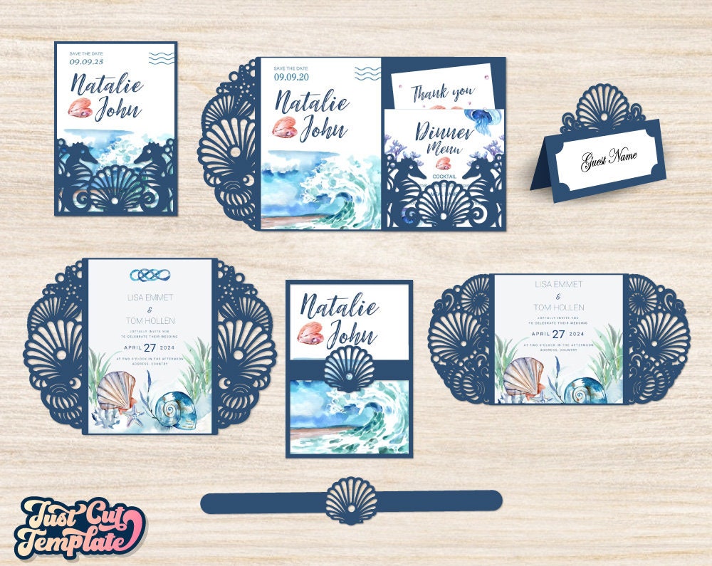Set 6 Seashell Invitation SVG, Oceanic Beach Wedding, Trifold Envelope ...