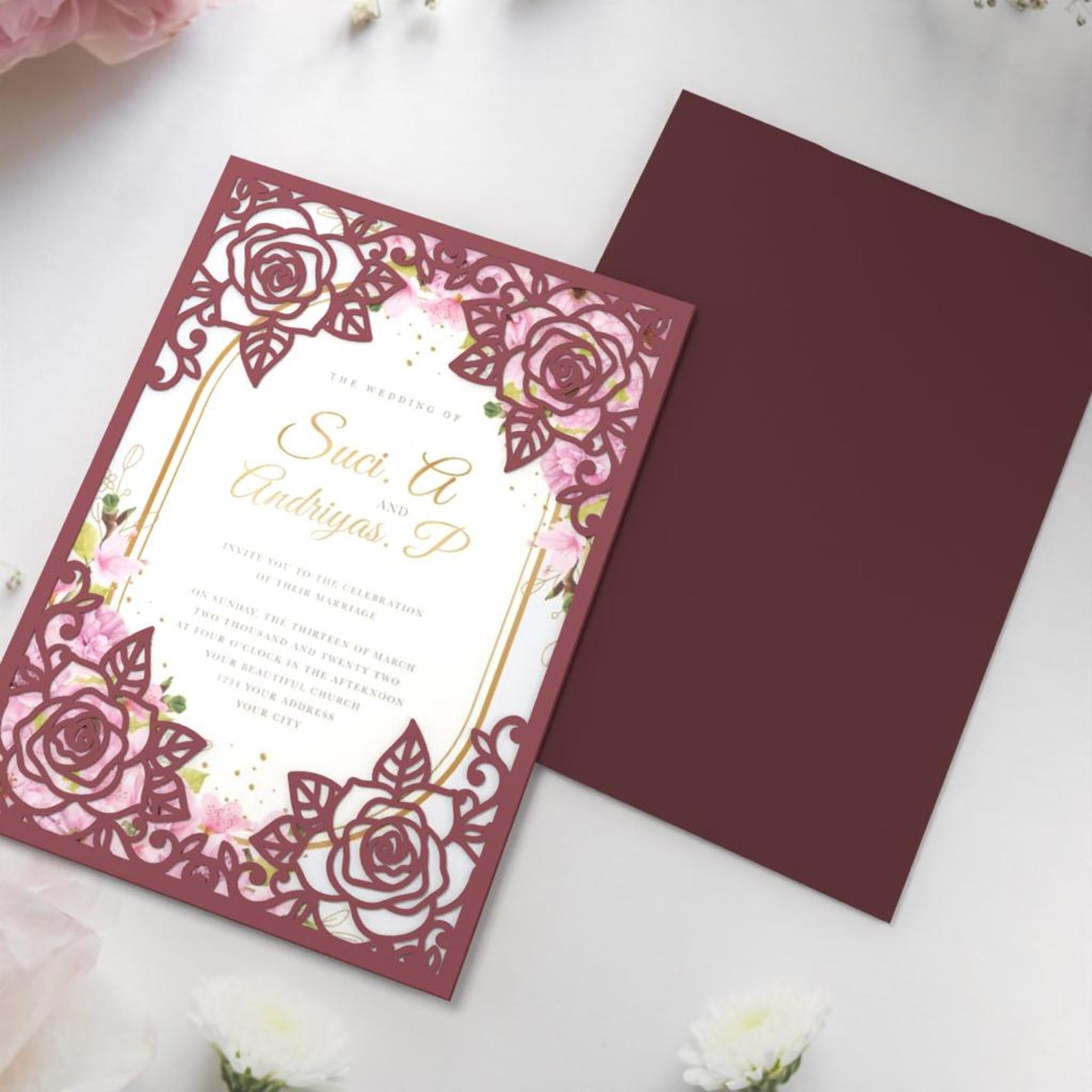 Wedding Invitation Pocket Template SVG, Cricut Rose Invitation Cover ...