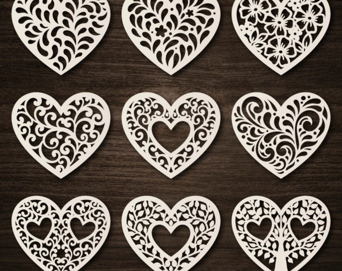 Heart SVG Set, 9 Lace Hearts Templates, Valentine's Cut Files, Swirls ...