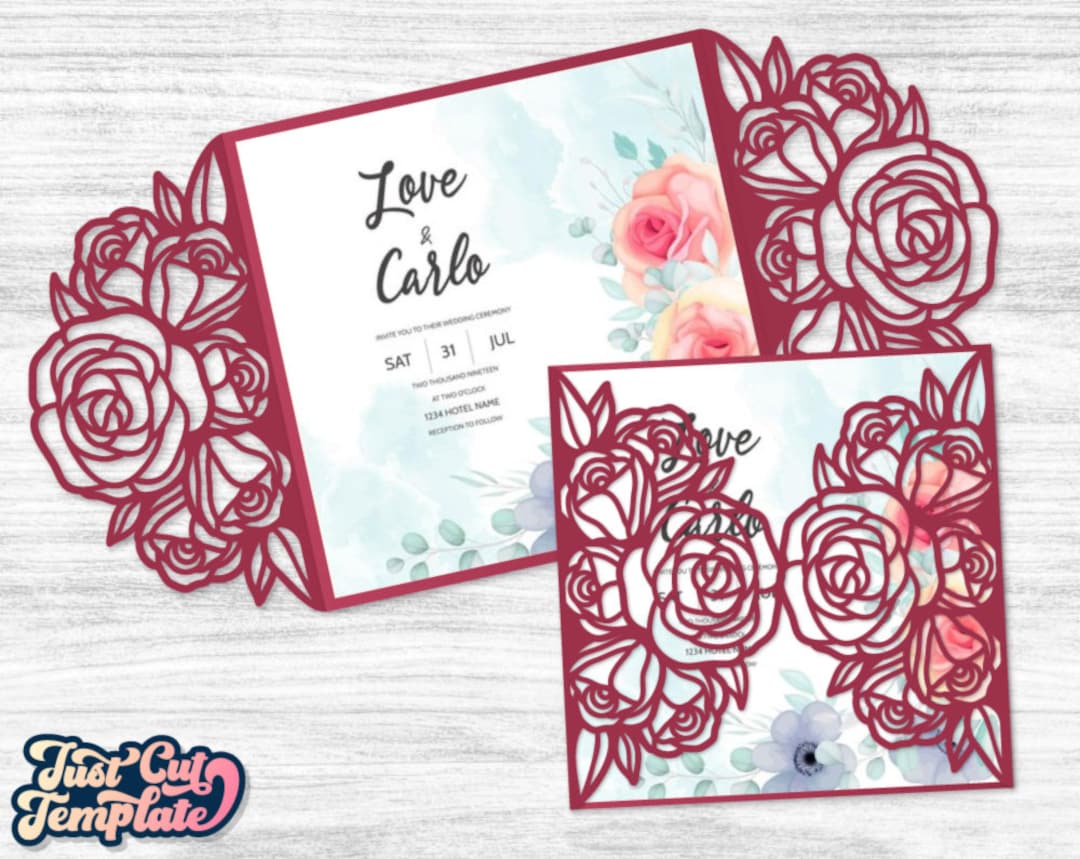 Roses Gate Fold Card SVG, Wedding Invitation SVG, Square Invite Holder ...