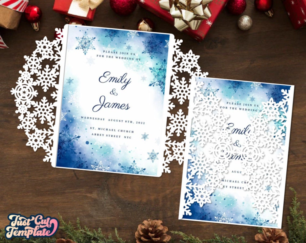 Winter Wedding Invitation SVG 5x7, Snowflakes Gate Fold Card, Christmas ...