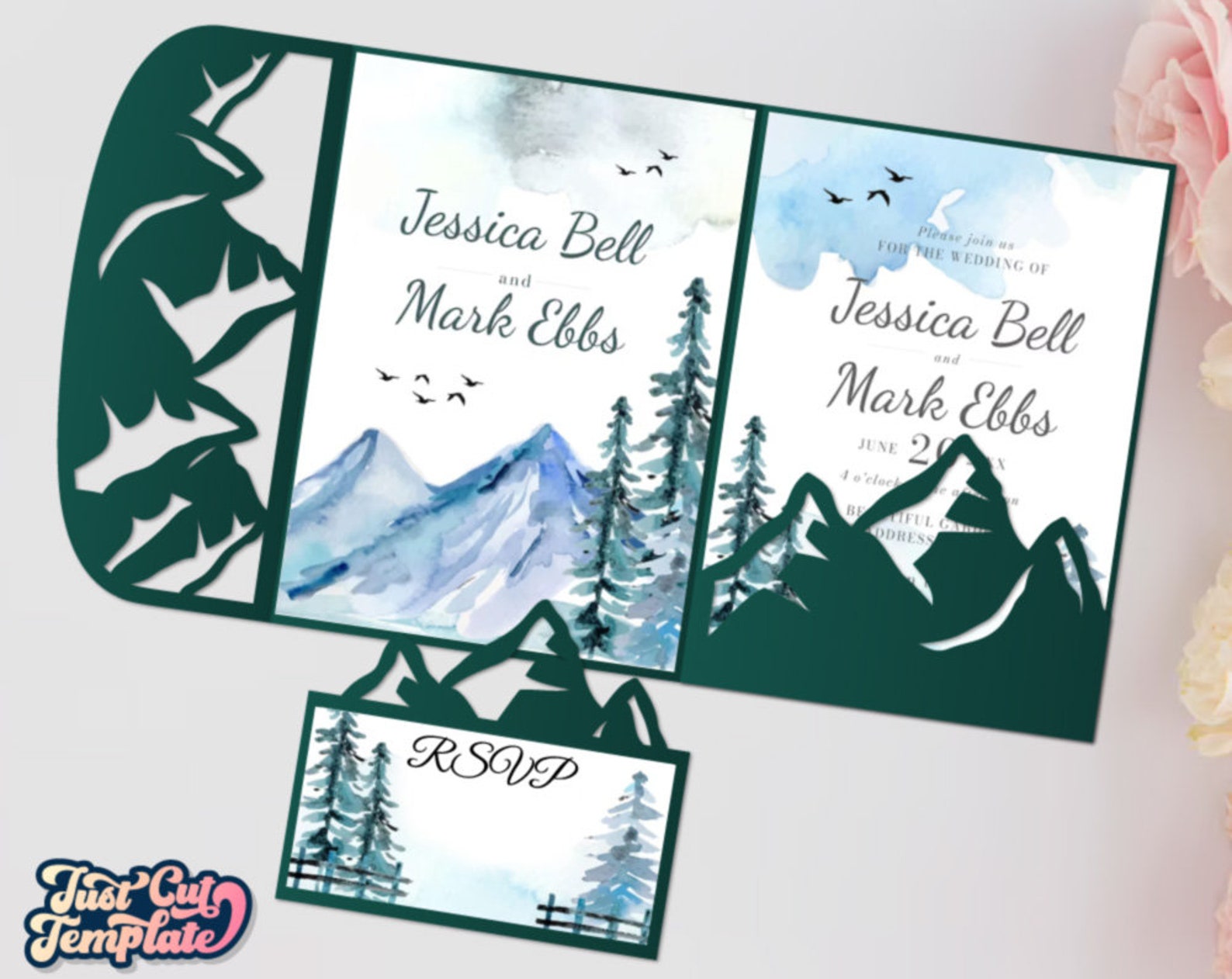 Mountains Trifold Envelope SVG 5x7, Travel Wedding Invitation SVG ...