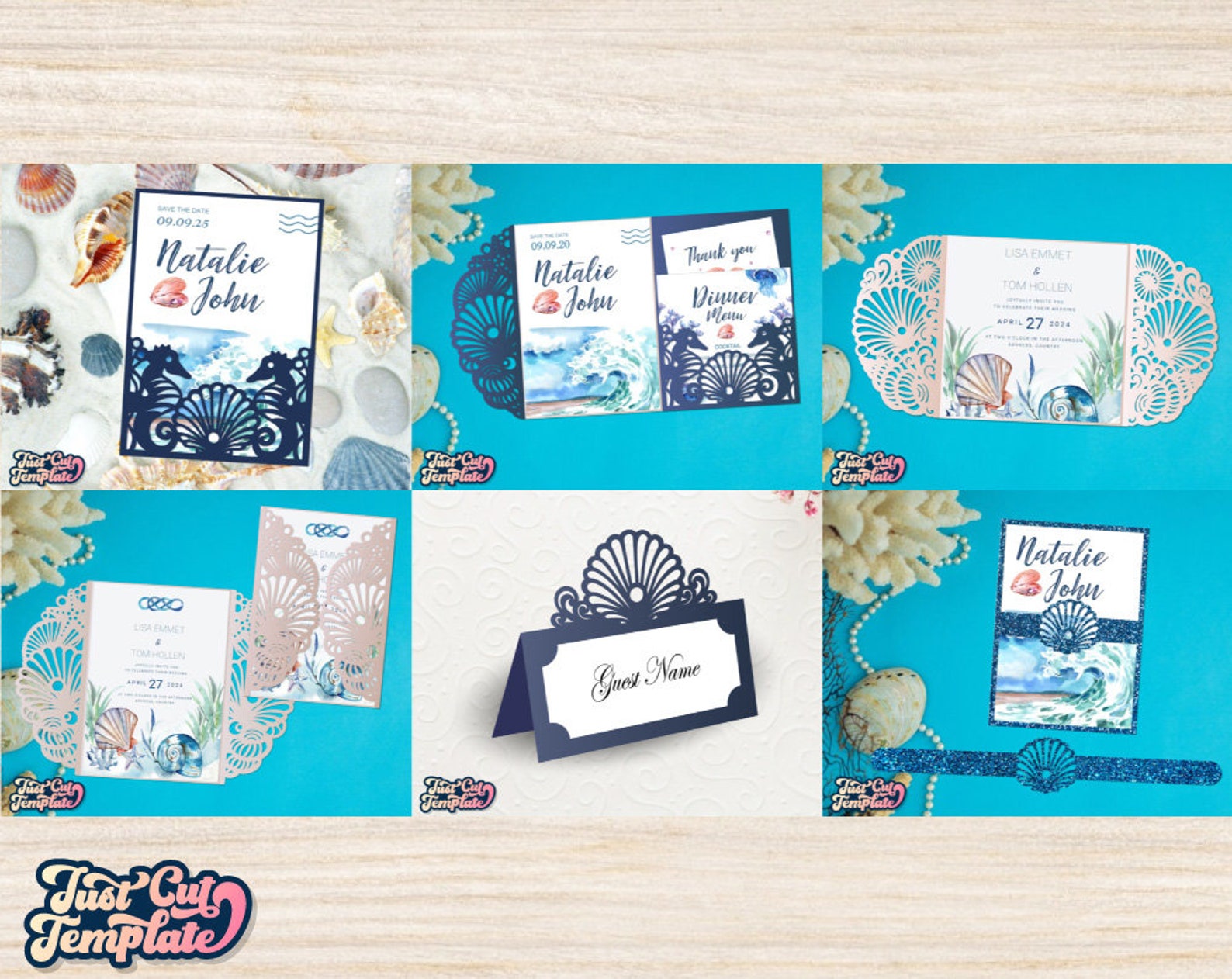 Set 6 Seashell Invitation SVG, Oceanic Beach Wedding, Trifold Envelope ...
