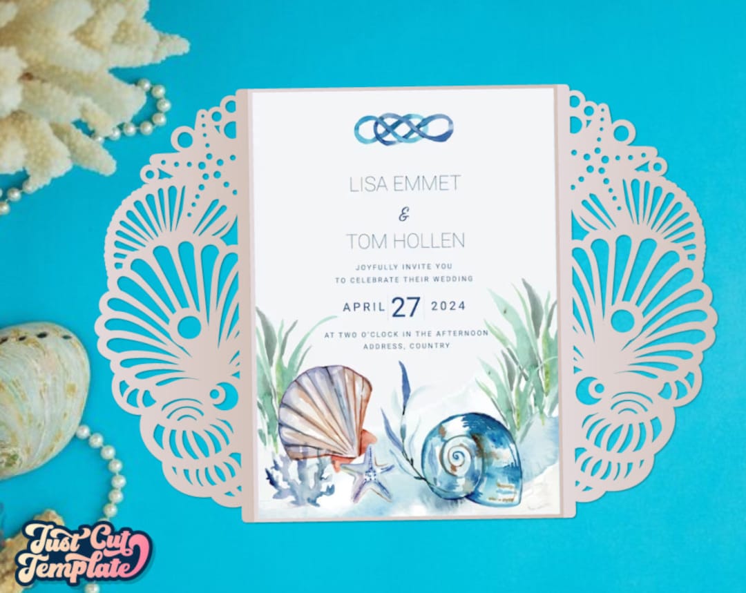 Sea Shell Wedding Invitation SVG Cut Template, Beach Wedding Gate Fold ...