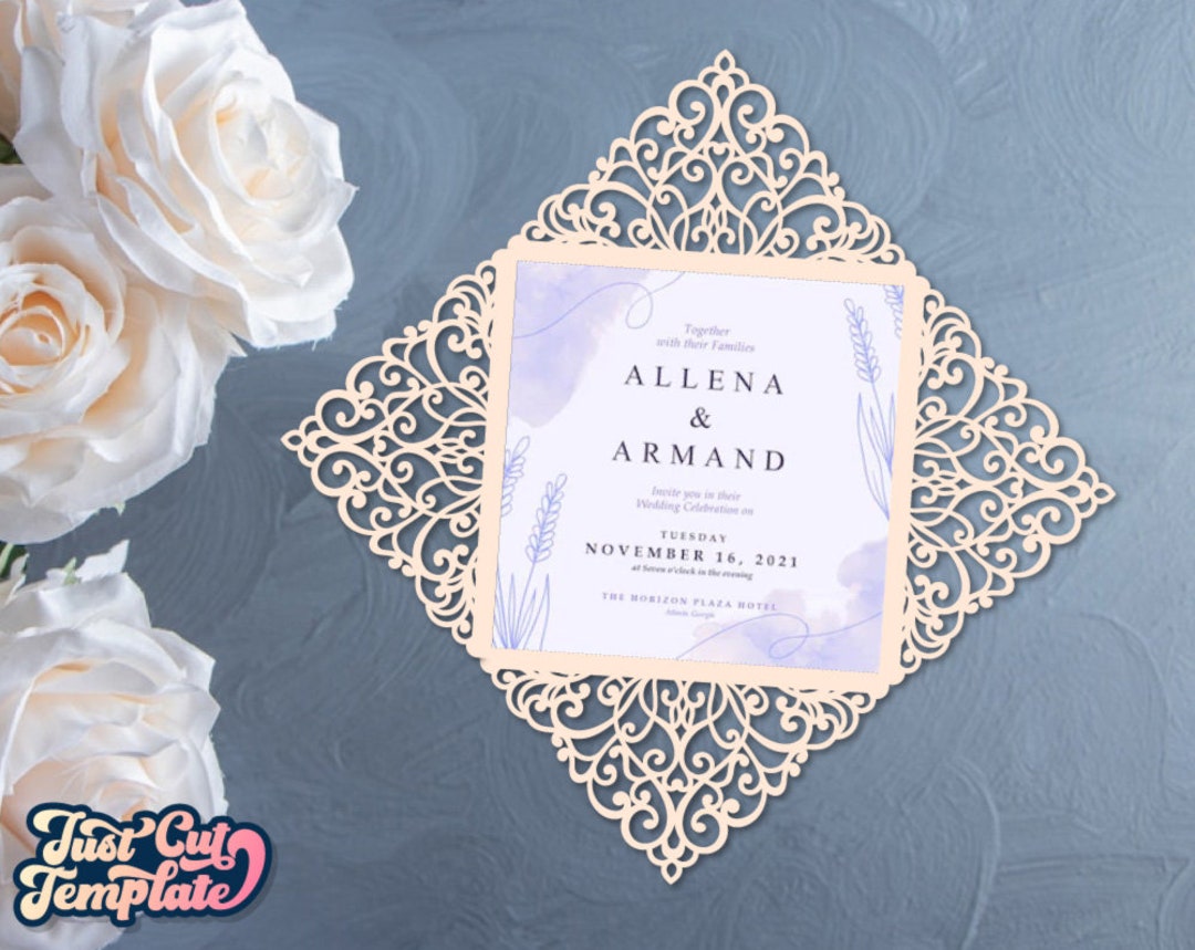 Lace Wedding Invitation SVG, Four Fold Invitation Card, Square Invite ...