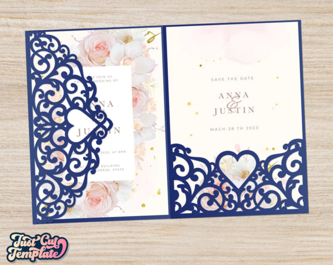 Heart Trifold Pocket Envelope 5x7, Wedding Invitation SVG, Pocket Tri ...