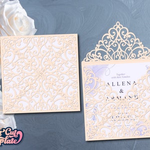Lace Wedding Invitation SVG, Four Fold Invitation Card, Square Invite ...