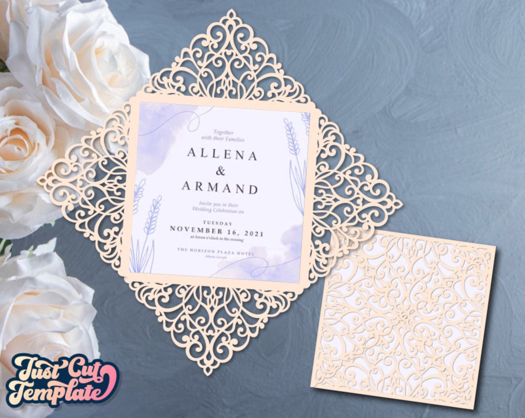 Lace Wedding Invitation SVG, Four Fold Invitation Card, Square Invite ...
