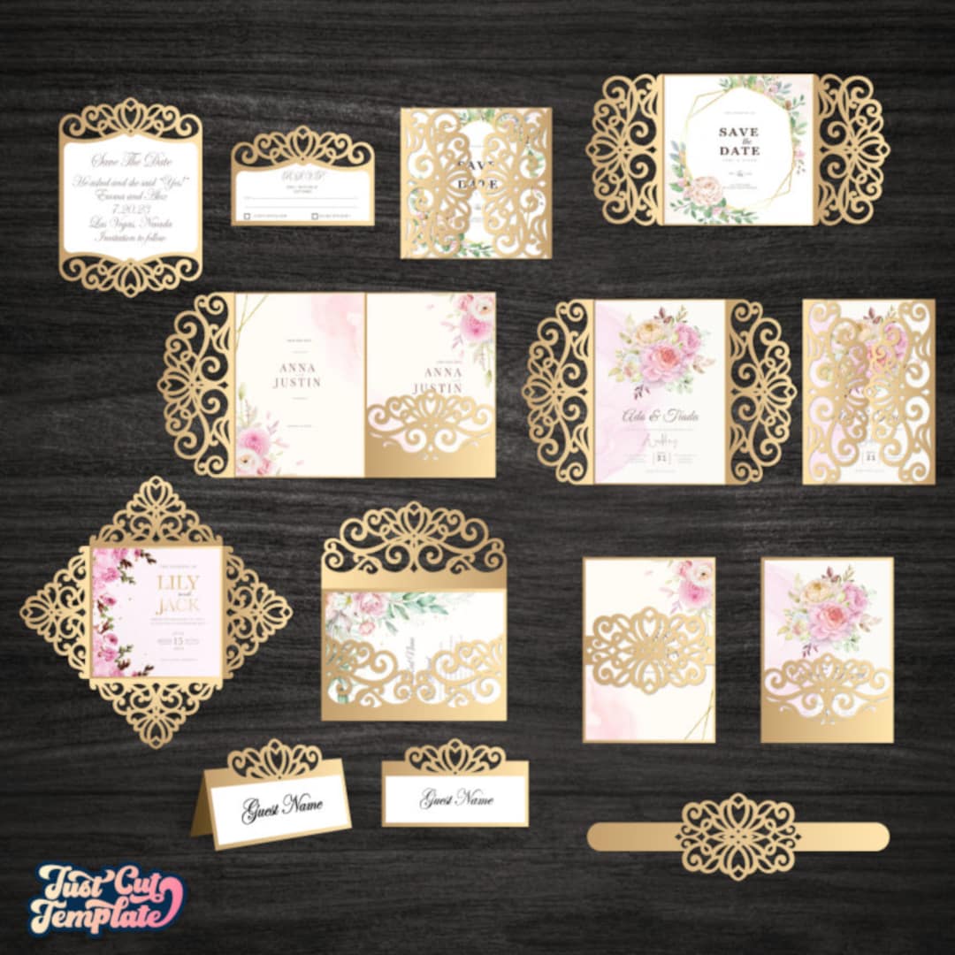 Wedding Invitation Set SVG, 9 Templates Cricut Cameo Laser Cut, Trifold ...